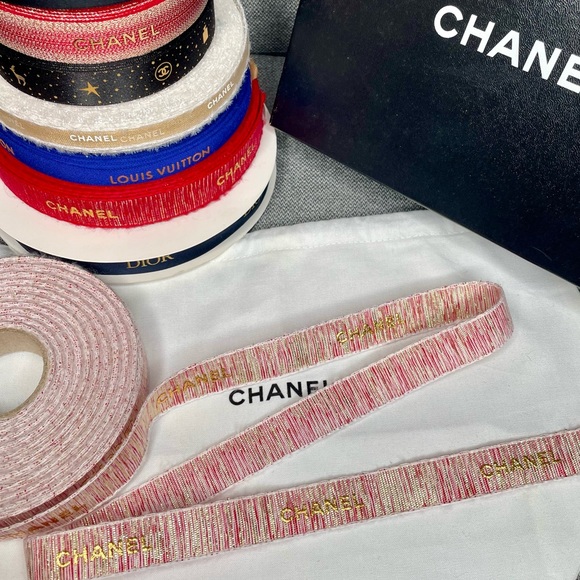 CHANEL | Party Supplies | Chanel Pink Tweed Ribbon W Gold Lettering By ...